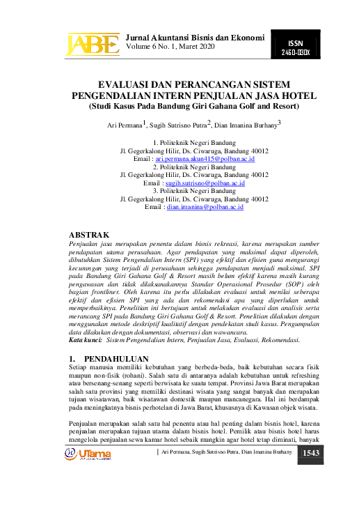 (PDF) EVALUASI DAN PERANCANGAN SISTEM PENGENDALIAN INTERN PENJUALAN JASA HOTEL (Studi Kasus Pada ...