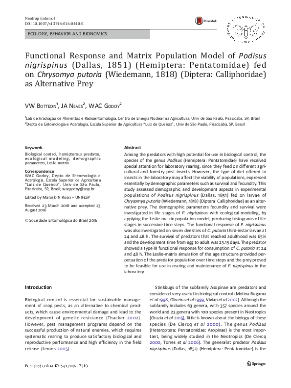 (PDF) Functional Response and Matrix Population Model of Podisus ...
