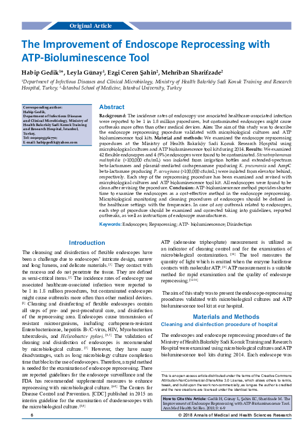 (PDF) Improving Endoscope Reprocessing Using ATP-Bioluminescence
