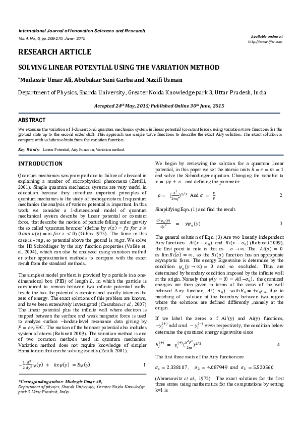 (PDF) Solving Linear Potential Using the Variation Method