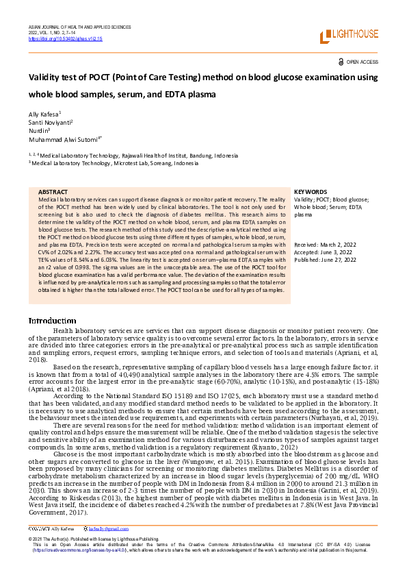 (PDF) Validity test of POCT (Point of Care Testing) method on blood ...