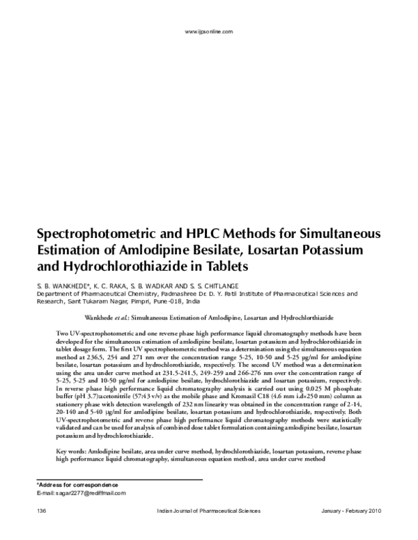 (PDF) Spectrophotometric and HPLC methods for simultaneous estimation of amlodipine besilate ...