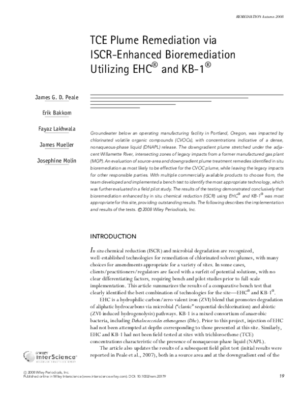 (PDF) TCE plume remediation via ISCR-enhanced bioremediation utilizing EHC® and KB-1® | Fayaz ...