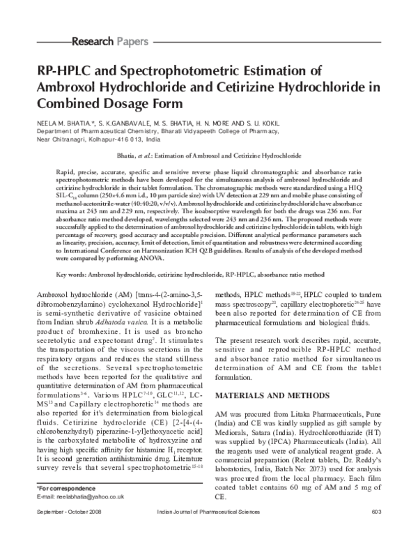 (PDF) RP-HPLC and spectrophotometric estimation of ambroxol hydrochloride and cetirizine ...