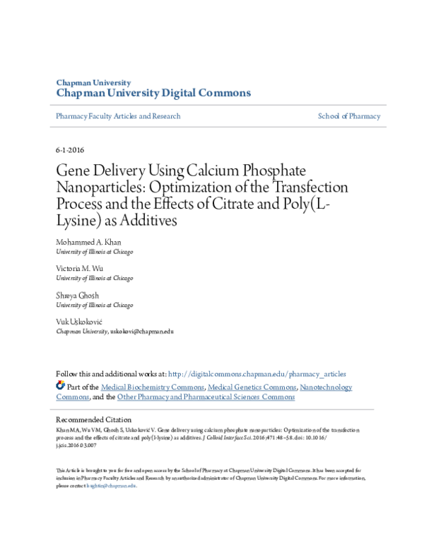 (PDF) Gene delivery using calcium phosphate nanoparticles: Optimization of the transfection ...