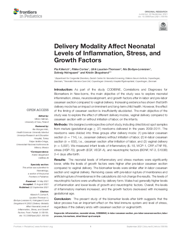 (PDF) Delivery Modality Affect Neonatal Levels of Inflammation, Stress ...