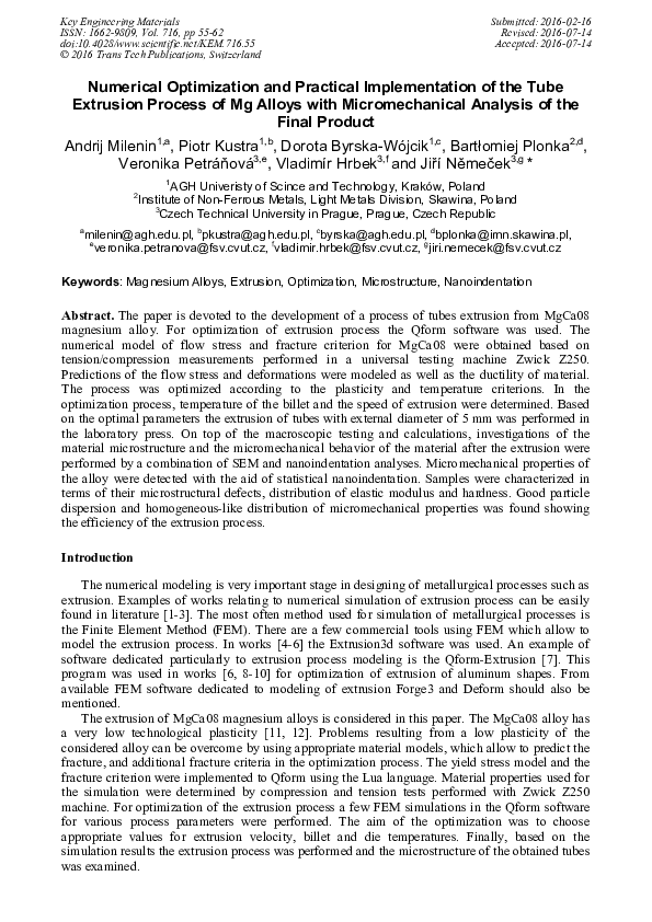 (PDF) Numerical Optimization and Practical Implementation of the Tube Extrusion Process of Mg ...