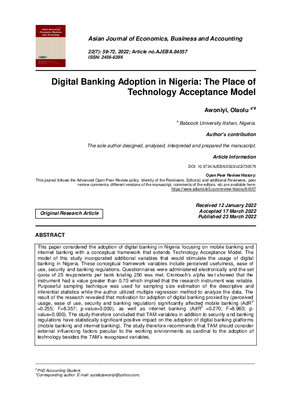 (PDF) Digital Banking Adoption in Nigeria: The Place of Technology Acceptance Model