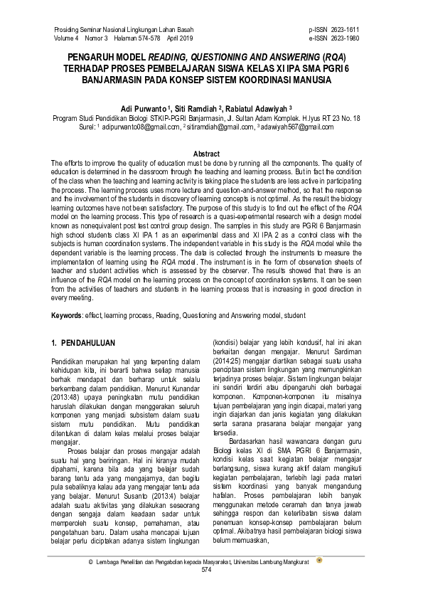 (PDF) Pengaruh model reading, questioning, and answering (RQA) terhadap proses pembelajaran ...