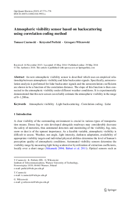 (PDF) Atmospheric visibility sensor based on backscattering using ...
