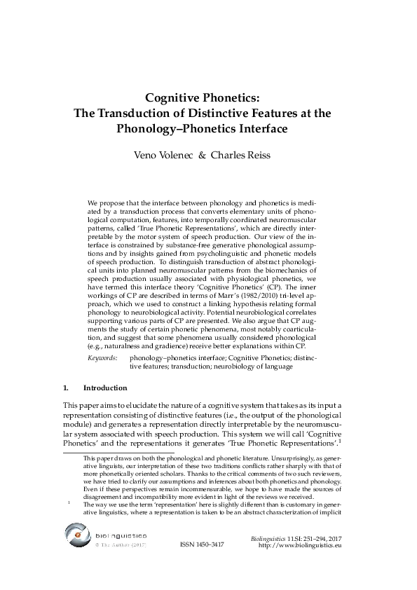 (PDF) Cognitive Phonetics: The Transduction of Distinctive Features at ...