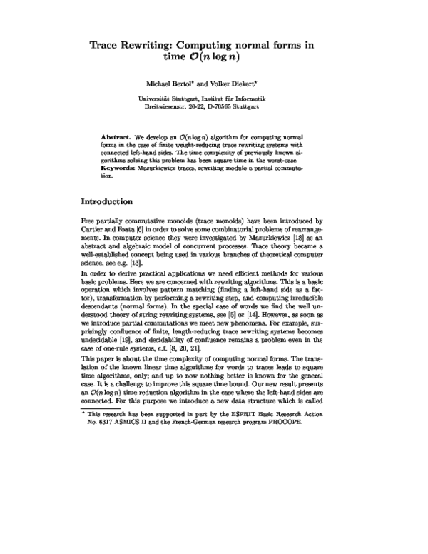 Pdf Trace Rewriting Computing Normal Forms In Time On Log N