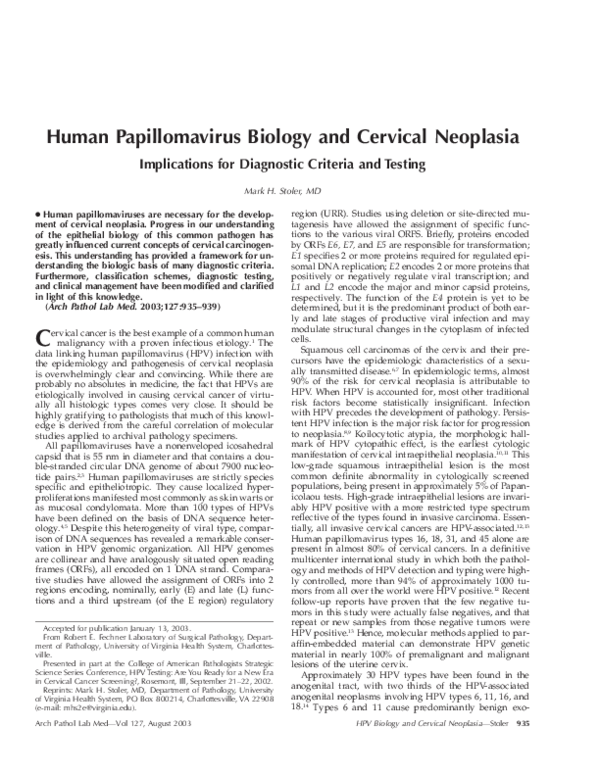 (PDF) Human papillomavirus biology and cervical neoplasia: implications ...