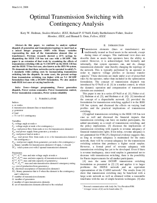 (PDF) Optimal Transmission Switching With Contingency Analysis