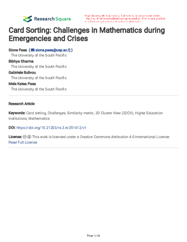 (PDF) Card Sorting: Challenges in Mathematics during Emergencies and Crises