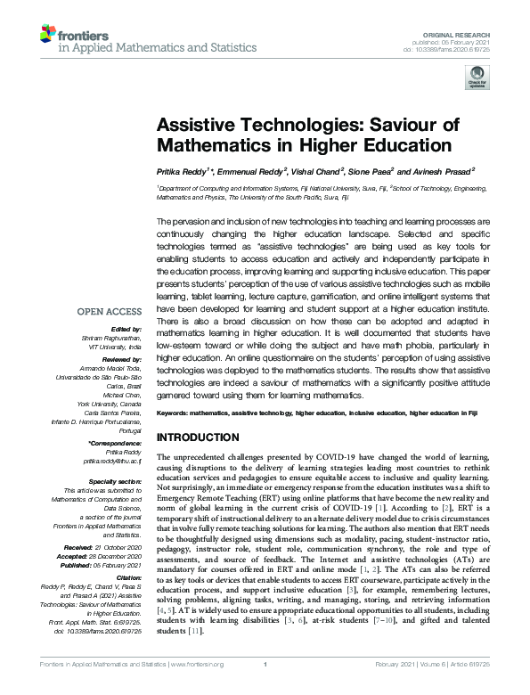 (PDF) Assistive Technologies: Saviour of Mathematics in Higher Education