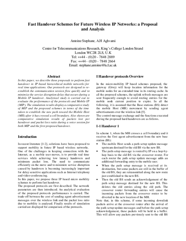 (PDF) Fast handover schemes for future wireless IP networks: a proposal and analysis | Hamid ...