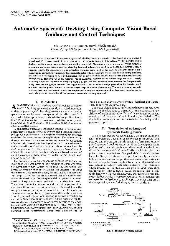 Pdf Automatic Spacecraft Docking Using Computer Vision Based Guidance