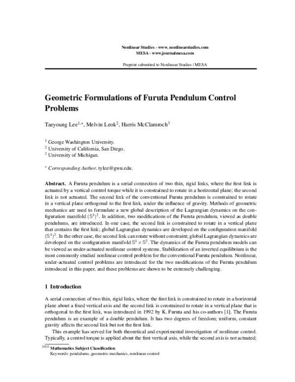 (PDF) Geometric formulations of Furuta pendulum control problems