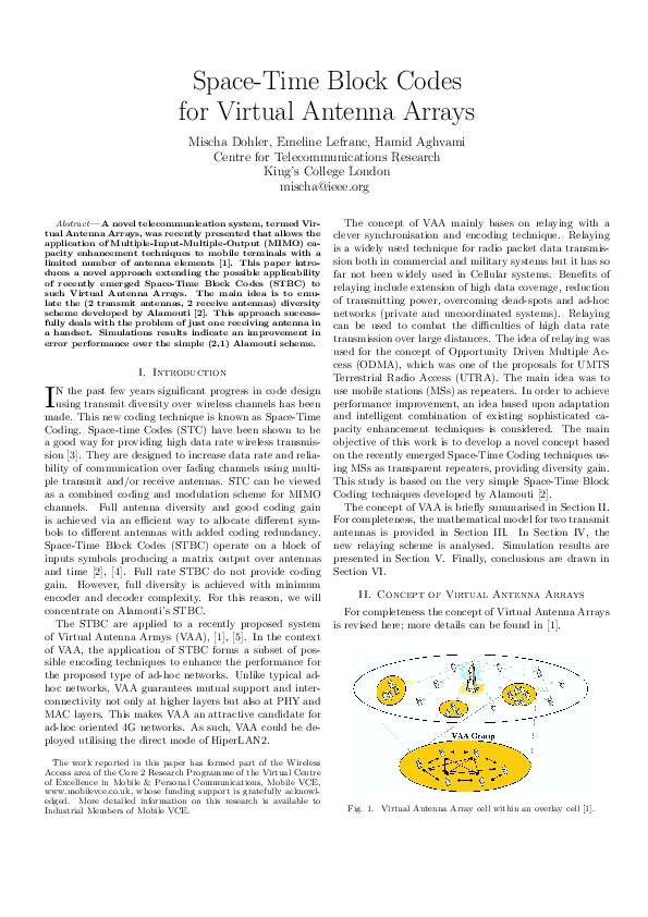 Pdf Space Time Block Codes For Virtual Antenna Arrays