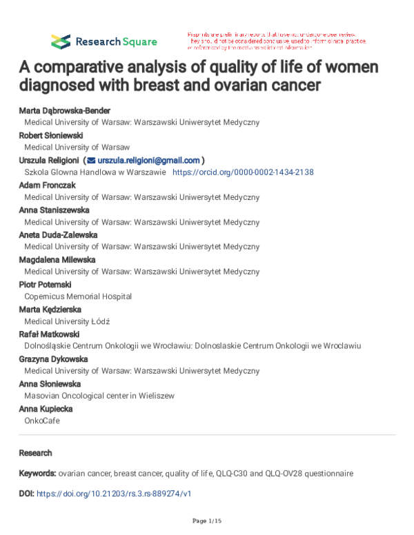(PDF) A comparative analysis of quality of life of women diagnosed with ...