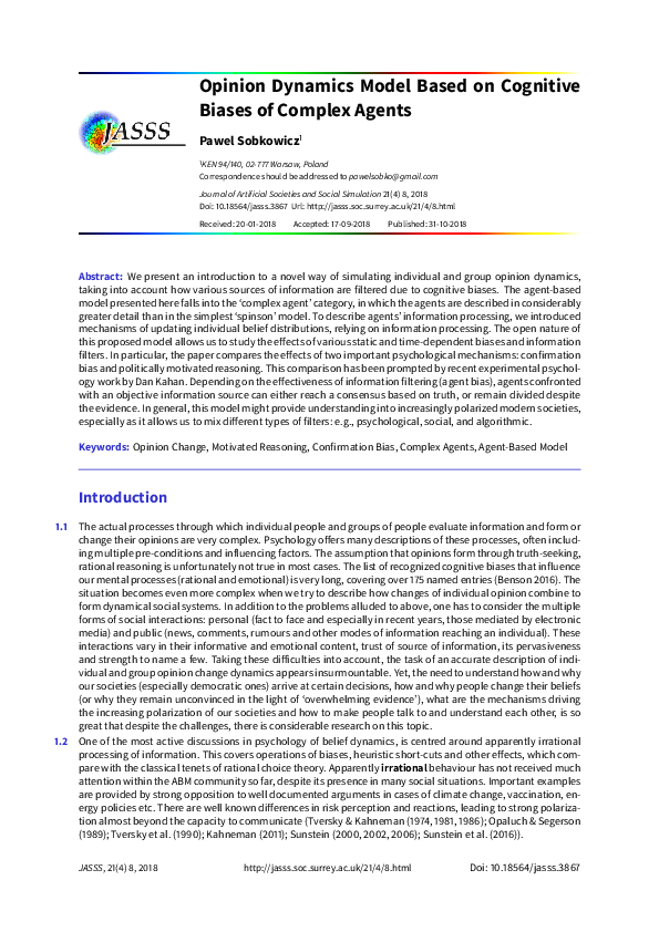 (PDF) Opinion Dynamics Model Based on Cognitive Biases of Complex Agents