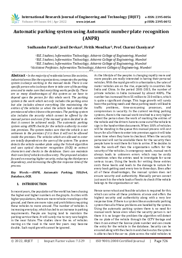 (PDF) Automatic parking system using Automatic number plate recognition (ANPR