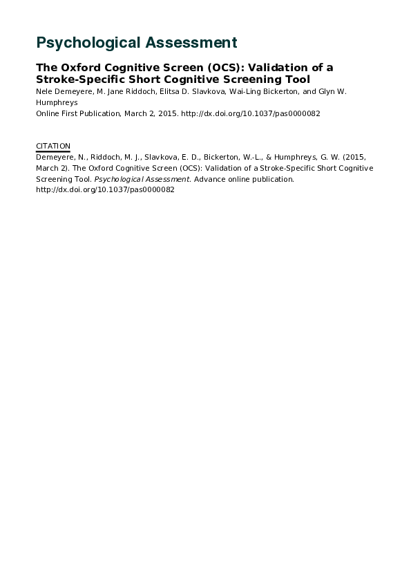 (PDF) The Oxford Cognitive Screen (OCS): Validation of a stroke ...