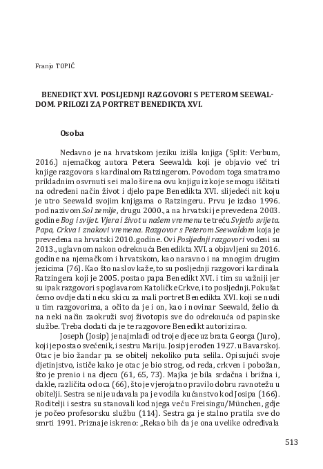 (PDF) Benedikt XVI Posljednji Razgovori S Peterom Seewaldom Prilozi Za ...