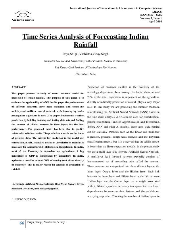 (PDF) Time Series Analysis of Forecasting Indian Rainfall