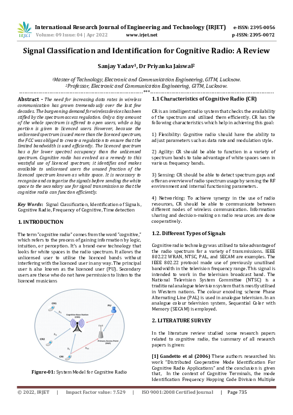 (PDF) Signal Classification and Identification for Cognitive Radio: A ...