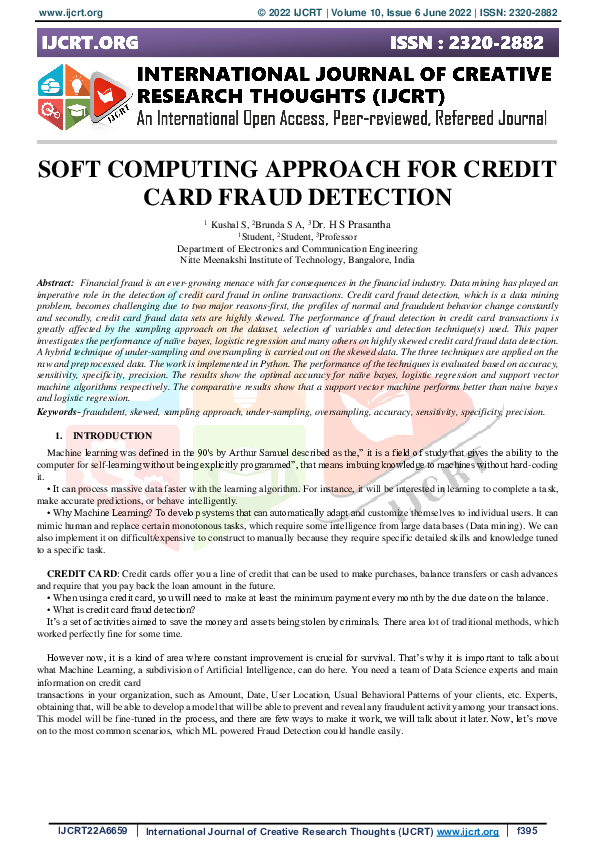 Pdf Soft Computing Approach For Credit Card Fraud Detection