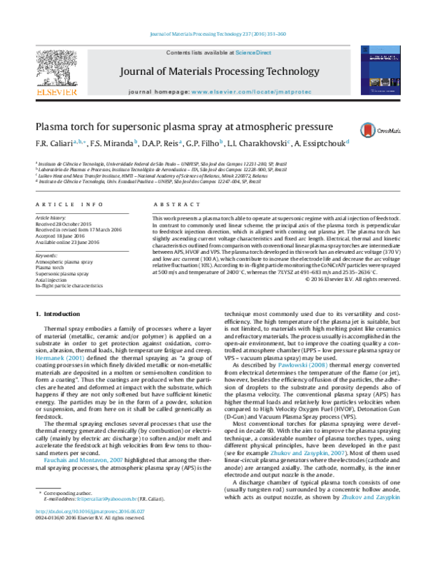 (PDF) Plasma torch for supersonic plasma spray at atmospheric pressure