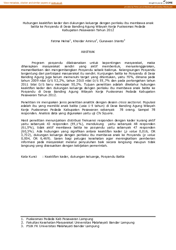 (PDF) Hubungan keaktifan kader dan dukungan keluarga dengan perilaku ibu membawa anak balita ke ...