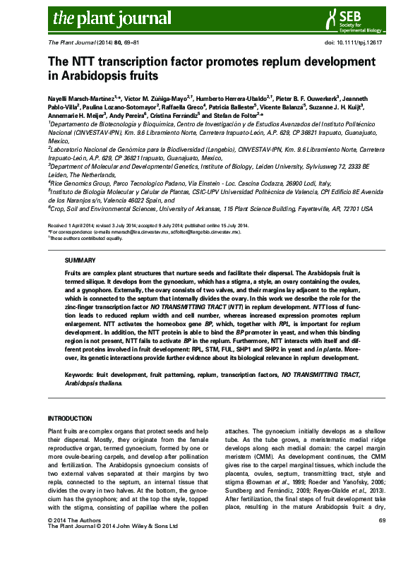 (PDF) The NTT transcription factor promotes replum development in ...