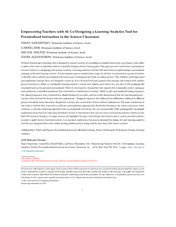 (PDF) Empowering Teachers with AI: Co-Designing a Learning Analytics Tool for Personalized ...