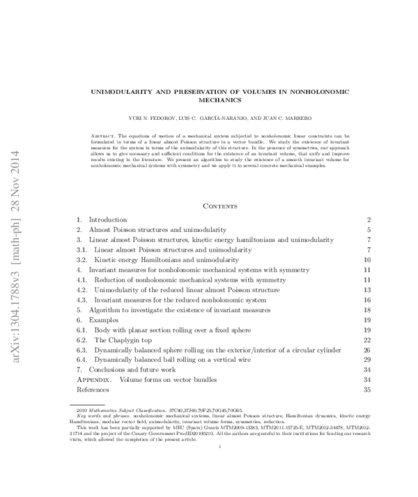 (PDF) Unimodularity and Preservation of Volumes in Nonholonomic Mechanics