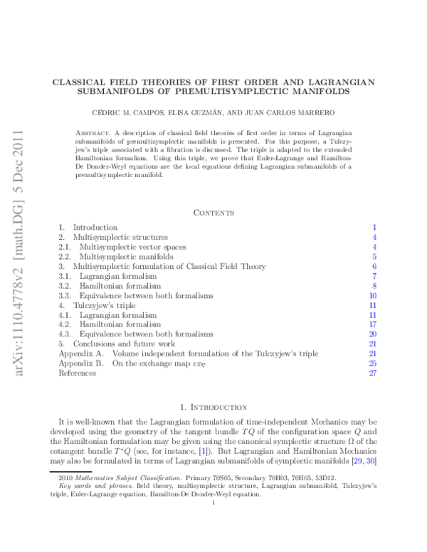 (PDF) Classical field theories of first order and Lagrangian submanifolds of premultisymplectic ...