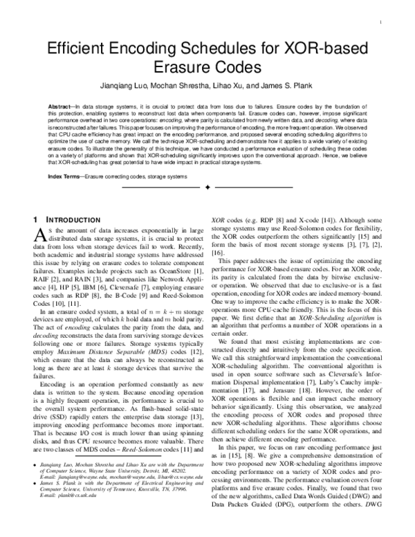 Pdf Efficient Encoding Schedules For Xor Based Erasure Codes