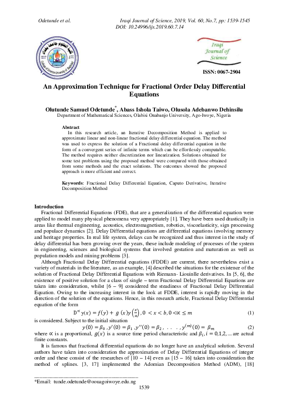 (PDF) An Approximation Technique for Fractional Order Delay Differential Equations