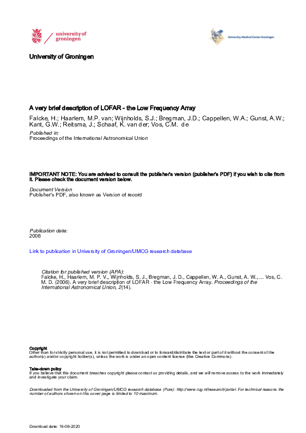 (PDF) A very brief description of LOFAR - The Low Frequency Array