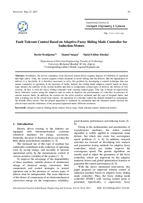 (PDF) Fault Tolerant Control Based on Adaptive Fuzzy Sliding Mode Controller for Induction-Motors