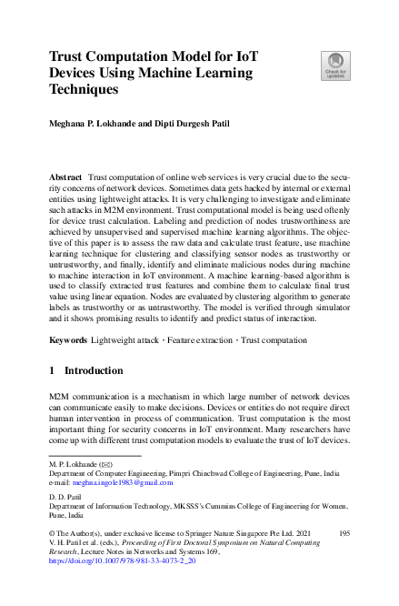 Pdf Trust Computation Model For Iot Devices Using Machine Learning