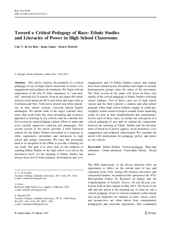(PDF) Toward a Critical Pedagogy of Race: Ethnic Studies and Literacies of Power in High School ...