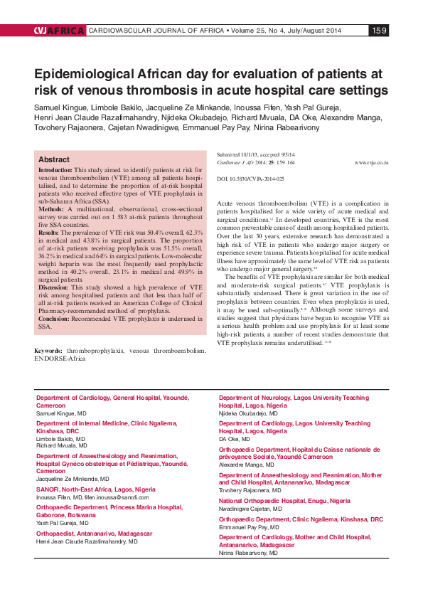 (PDF) Epidemiological African day for evaluation of patients at risk of venous thrombosis in ...