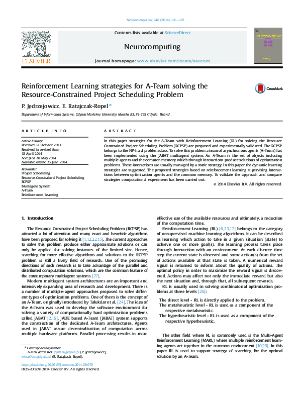 (PDF) Reinforcement Learning strategies for A-Team solving the Resource-Constrained Project ...