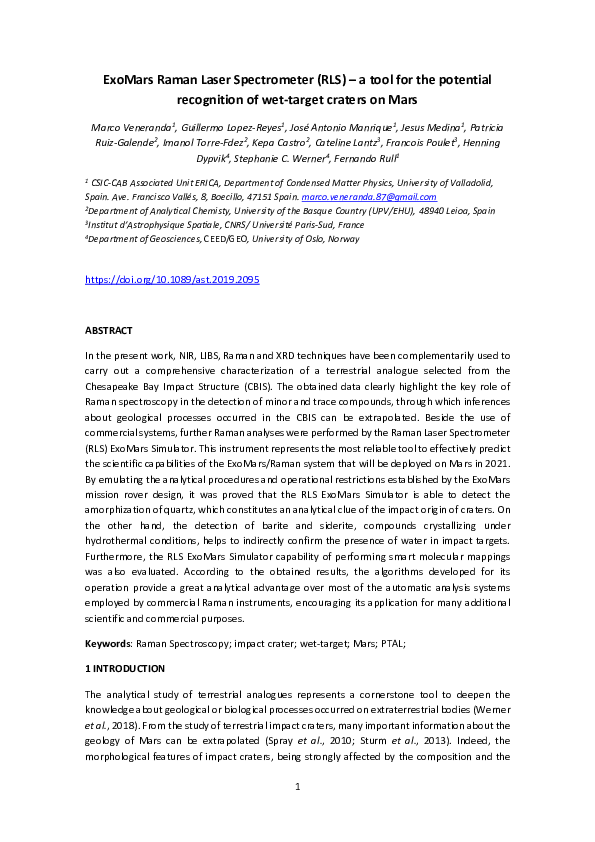 Pdf Exomars Raman Laser Spectrometer A Tool For The Potential Recognition Of Wet Target