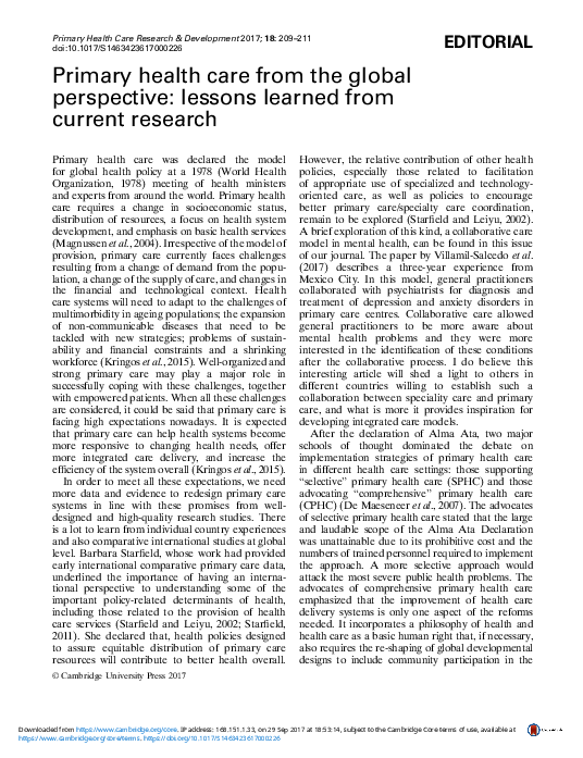(PDF) Primary health care from the global perspective: lessons learned ...
