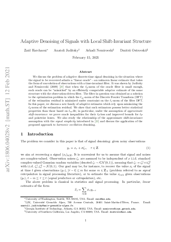 (PDF) Adaptive Denoising of Signals with Local Shift-Invariant Structure