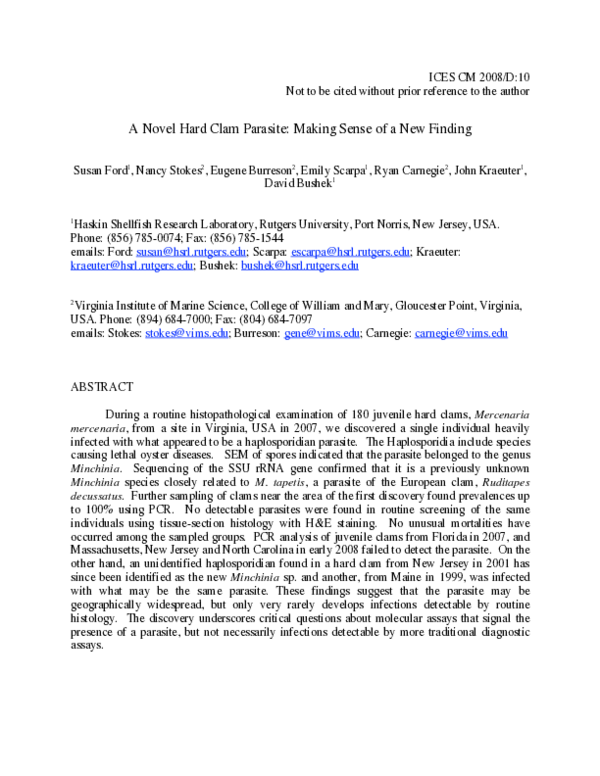 (PDF) A Novel Hard Clam Parasite : Making Sense of a New Finding
